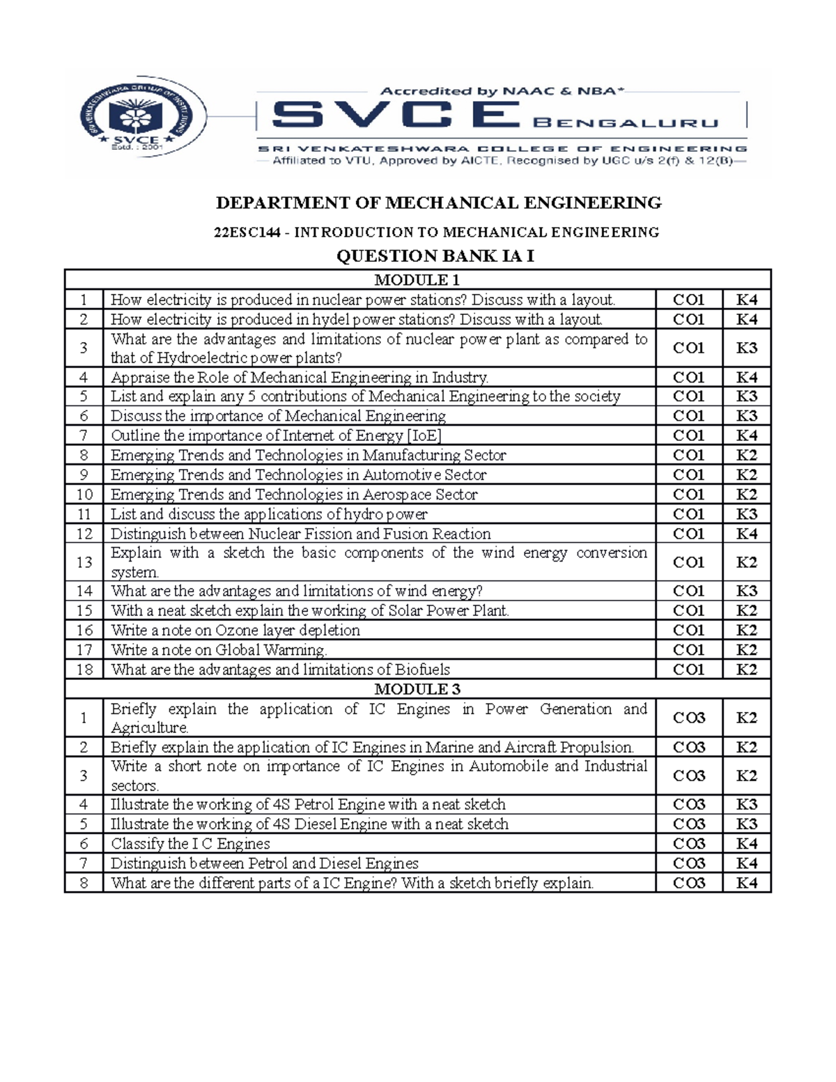 QPDS IA 1 - DEPARTMENT OF MECHANICAL ENGINEERING 22ESC144 - INTRODUCTION TO MECHANICAL ...