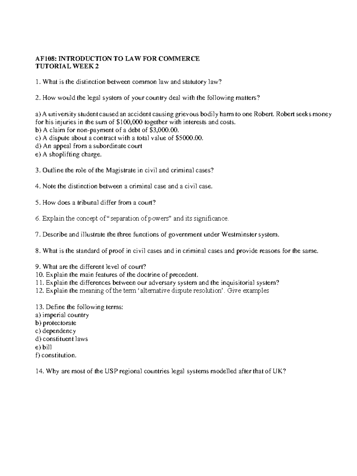 Week 1 tutorial - Peer Mentor - AF108: INTRODUCTION TO LAW FOR COMMERCE ...