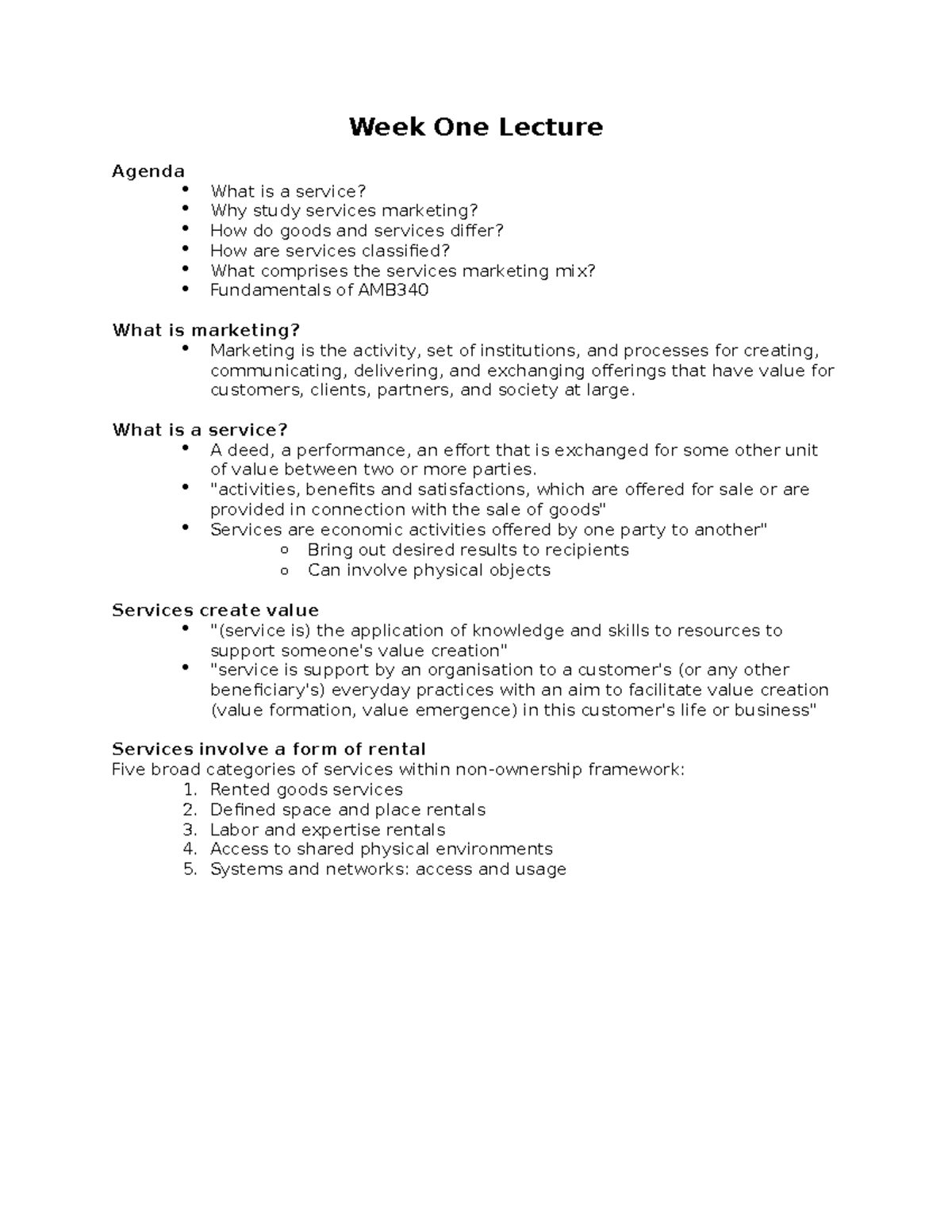 AMB340 Week One Lecture - Week One Lecture Agenda What is a service ...