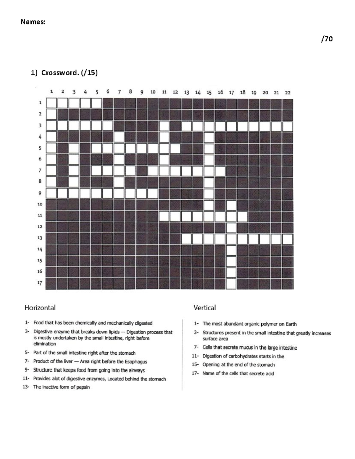 Bio Lab 1 questionaire - 101-1CB-VA - Names: / 1) Crossword. (/15) 2 ...