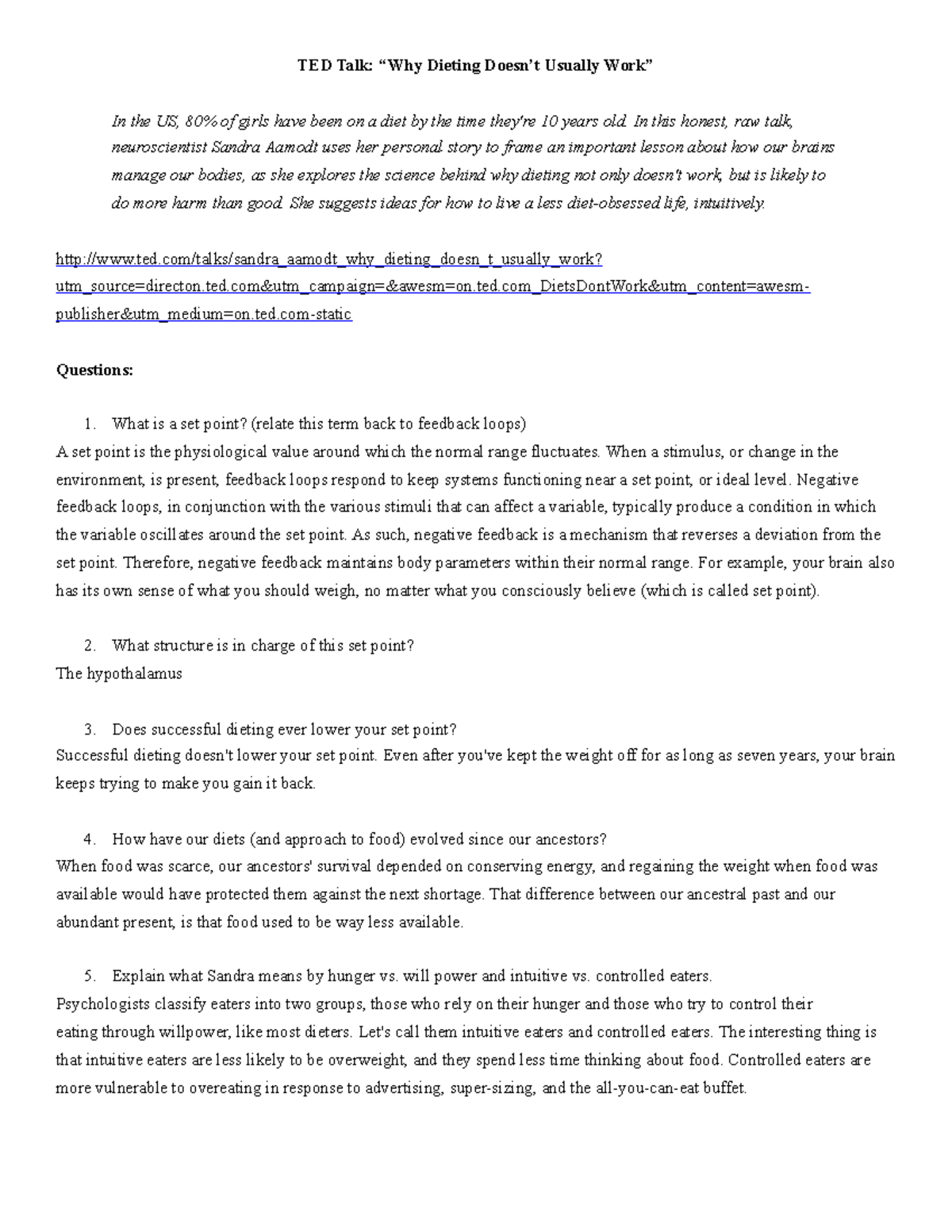 TED Talk HW - This is - TED Talk: “Why Dieting Doesn’t Usually Work” In ...