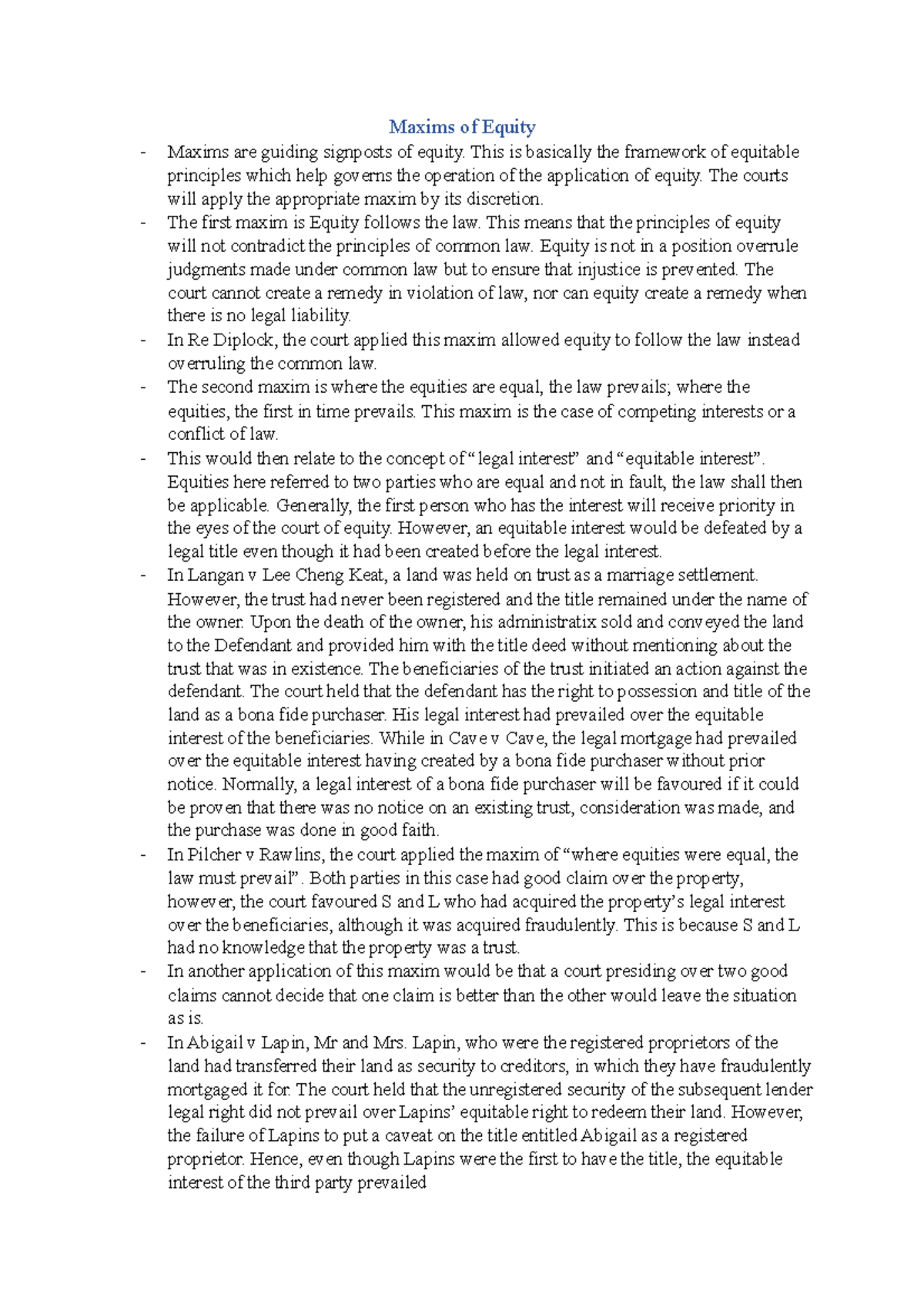 Maxims Of Equity Lecture Notes 1 Maxims Of Equity Maxims Are Guiding Signposts Of Equity