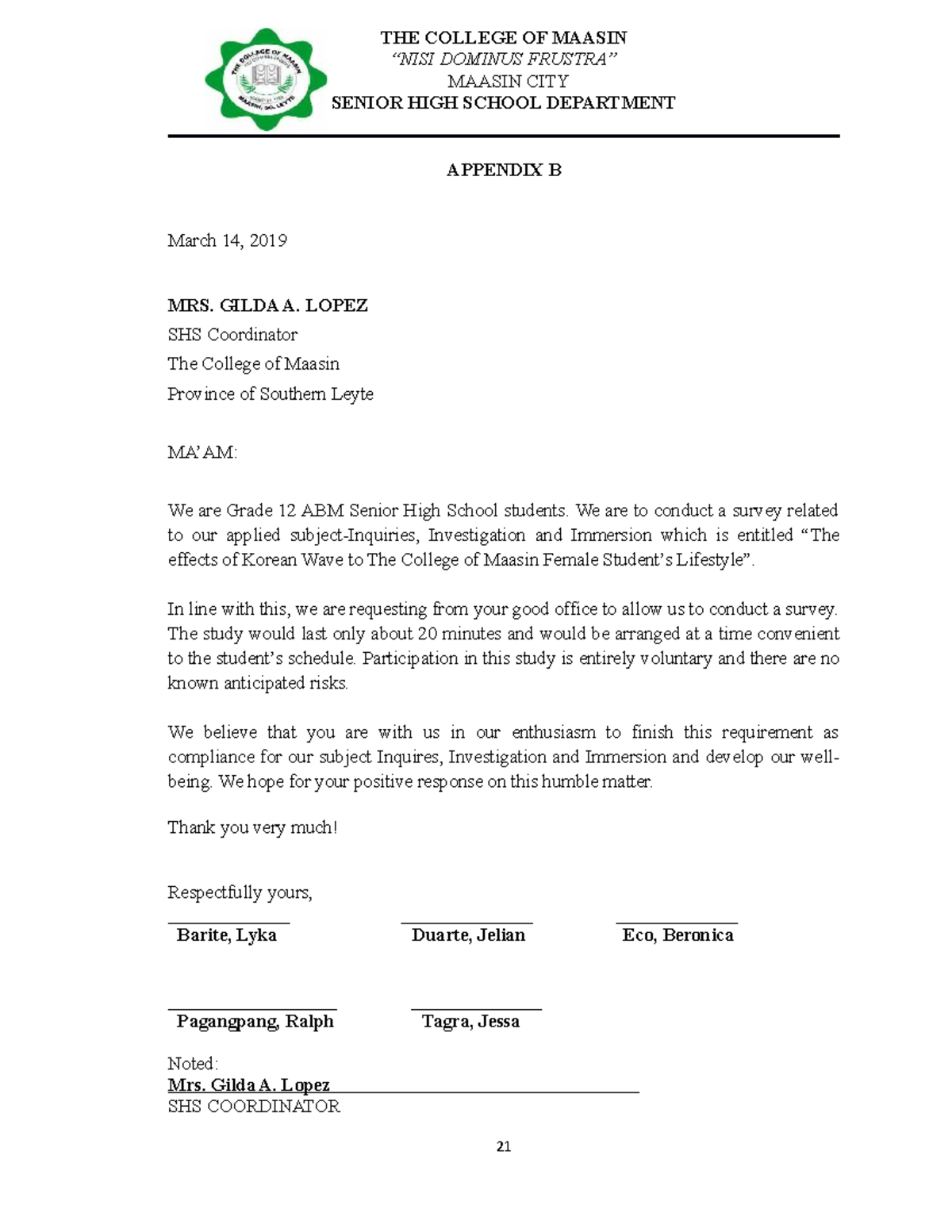 Appendix B - practical research - THE COLLEGE OF MAASIN “NISI DOMINUS ...