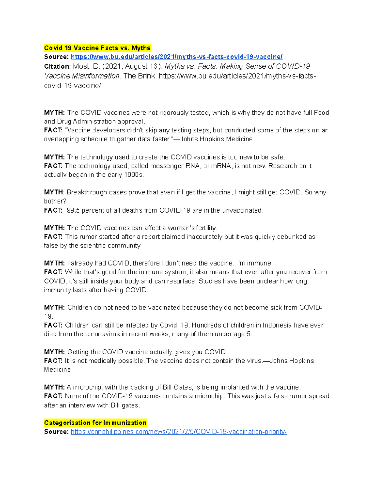 Researches - Researche - Covid 19 Vaccine Facts vs. Myths Source: - Studocu