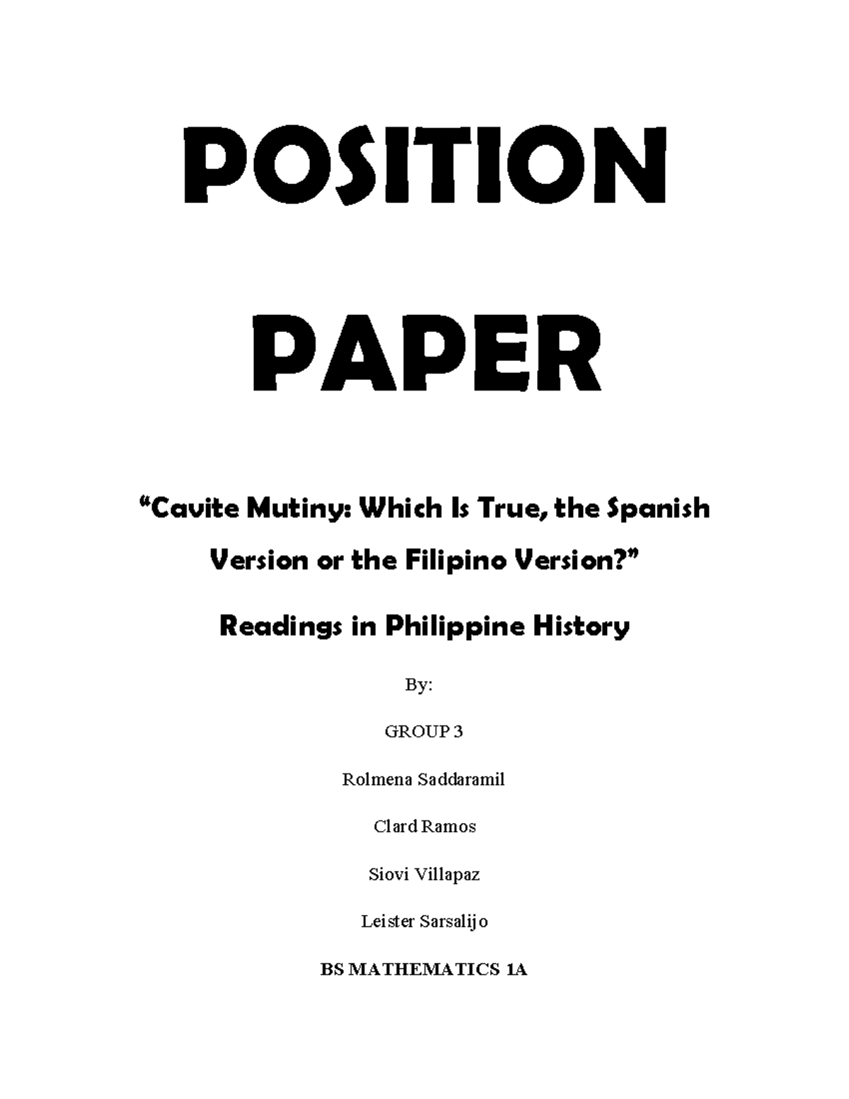 Pdfcoffee - Enjoy - POSITION PAPER Mutiny: Which Is True, the Spanish Version or the Filipino ...
