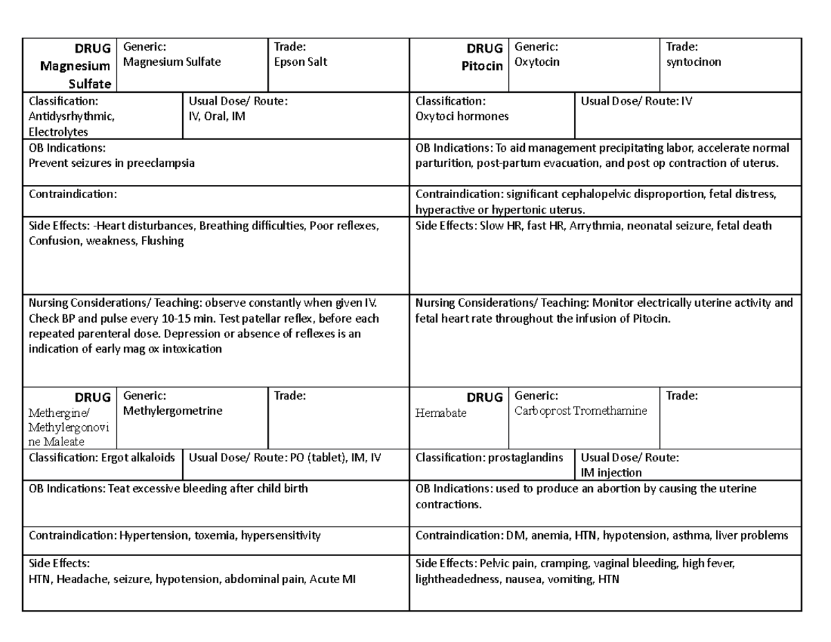 Drug cards 1 - notes - DRUG Magnesium Sulfate Generic: Magnesium ...