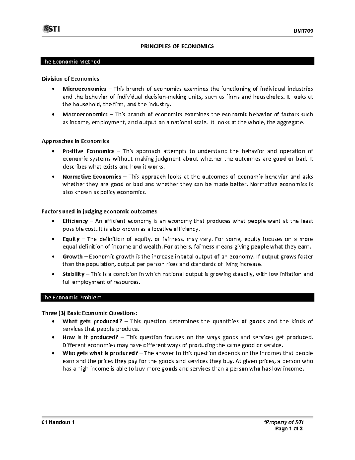 01 Handout 1 Principles-OF- Economics - BM 01 Handout 1 *Property of STI Page 1 of 3 PRINCIPLES ...