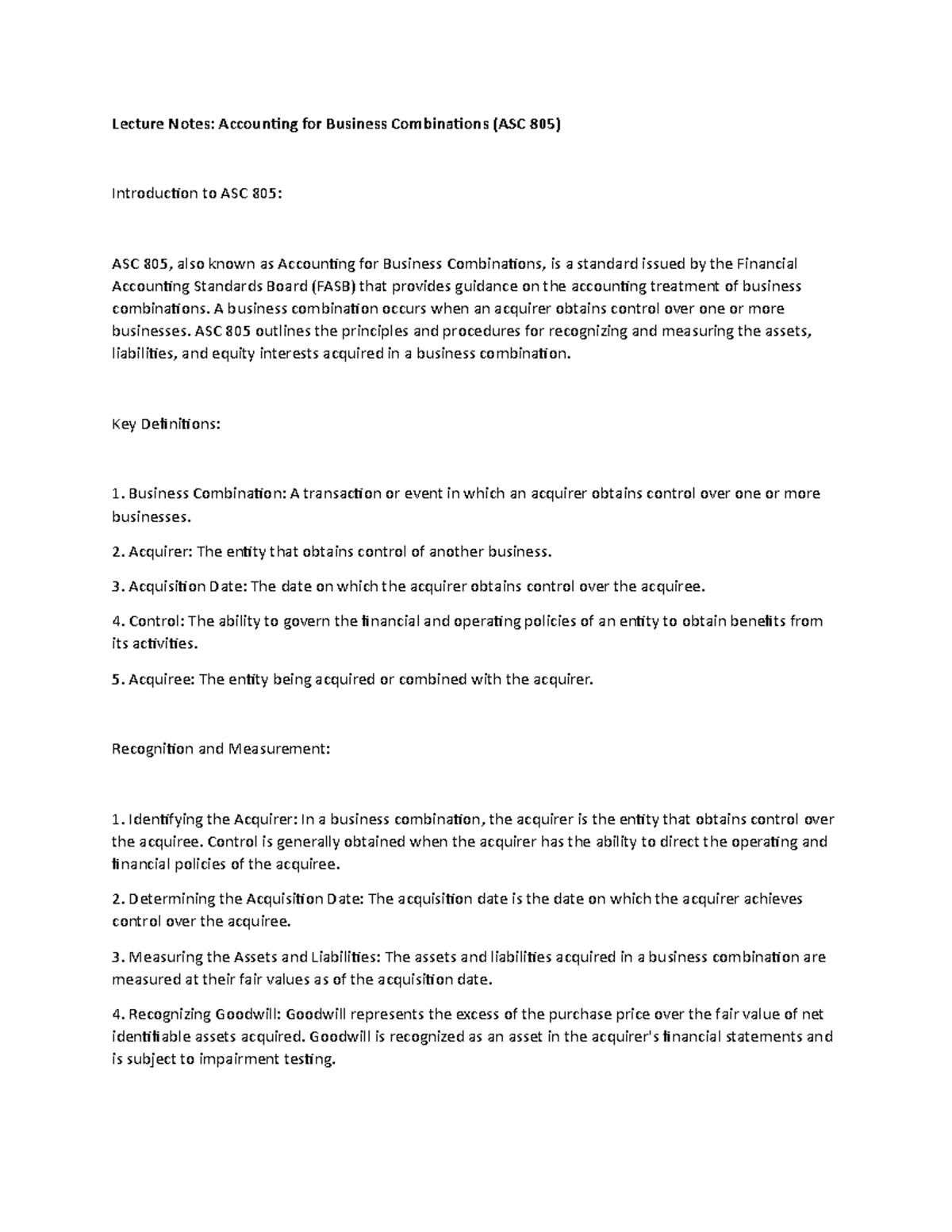 Lecture Notes: Accounting for Business Combinations (ASC 805) - A ...