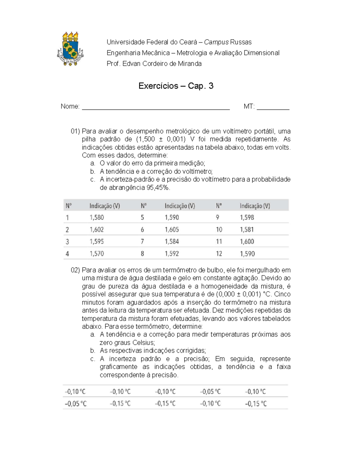 Exercicios – Cap. 3 - Lista de exercícios de metrologia - Universidade Federal do Ceará – Campus ...