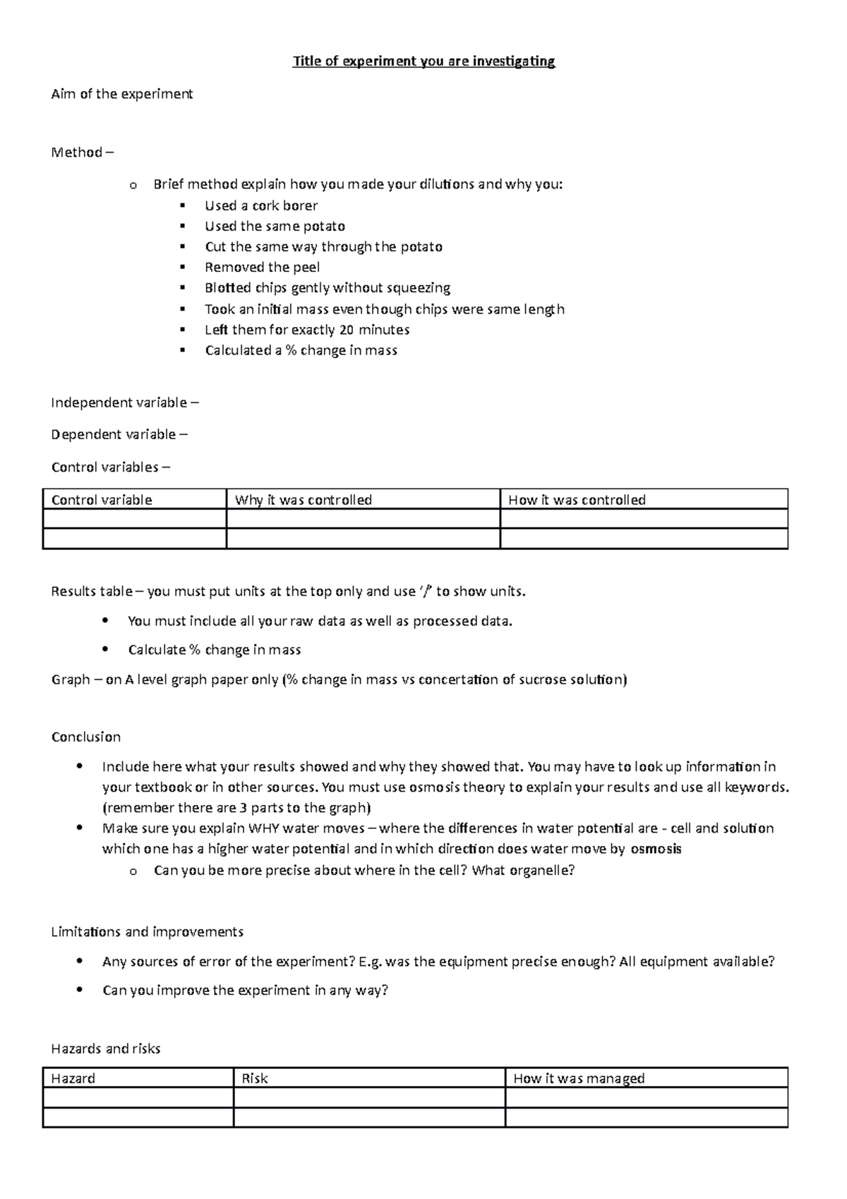 Osmosis required practical 3 write up - Title of experiment you are ...