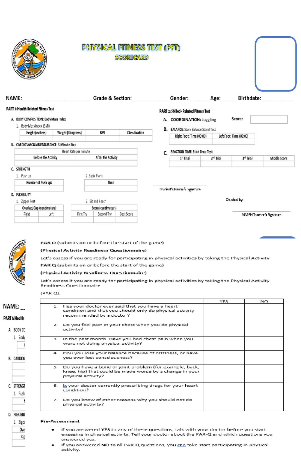 Physical Fitness Form and PARQ - physical education - Studocu