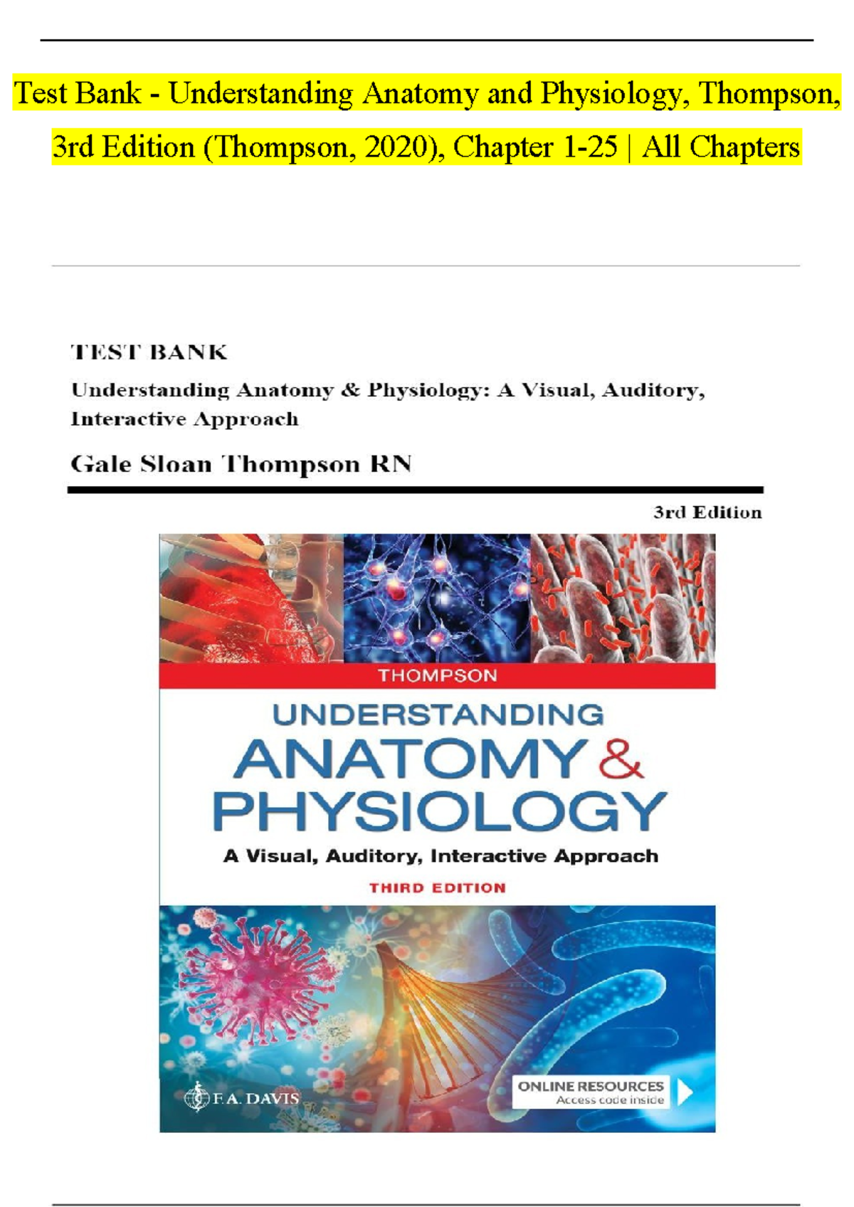 Test Bank - Understanding Anatomy and Physiology, Thompson, 3rd Edition ...