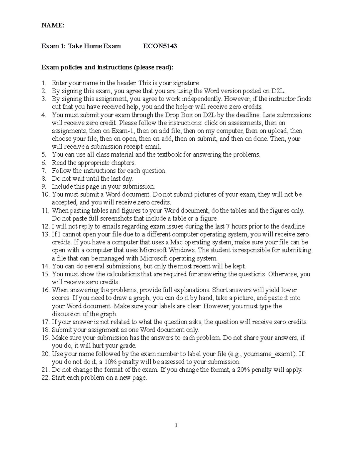 Exam Sample on Macroeconomics - Exam 1: Take Home Exam ECON Exam policies and instructions ...