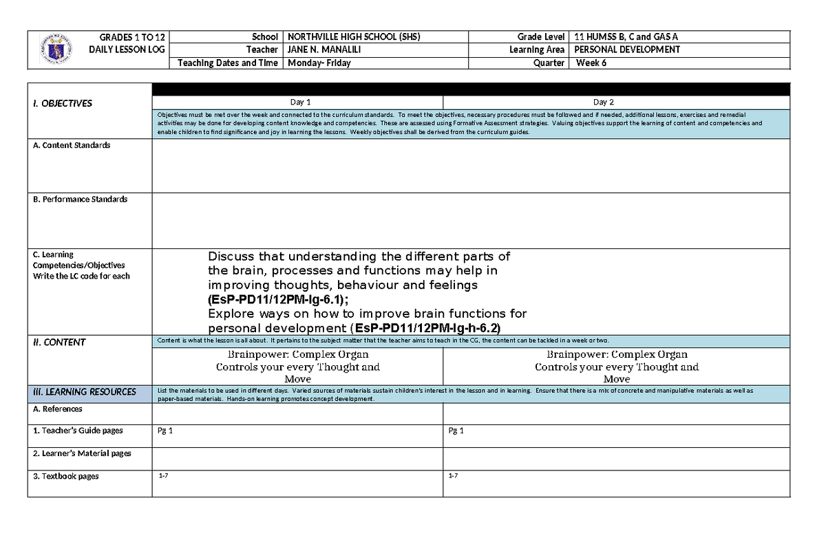 DAILY LESSON LOG - GRADES 1 TO 12 DAILY LESSON LOG School NORTHVILLE ...