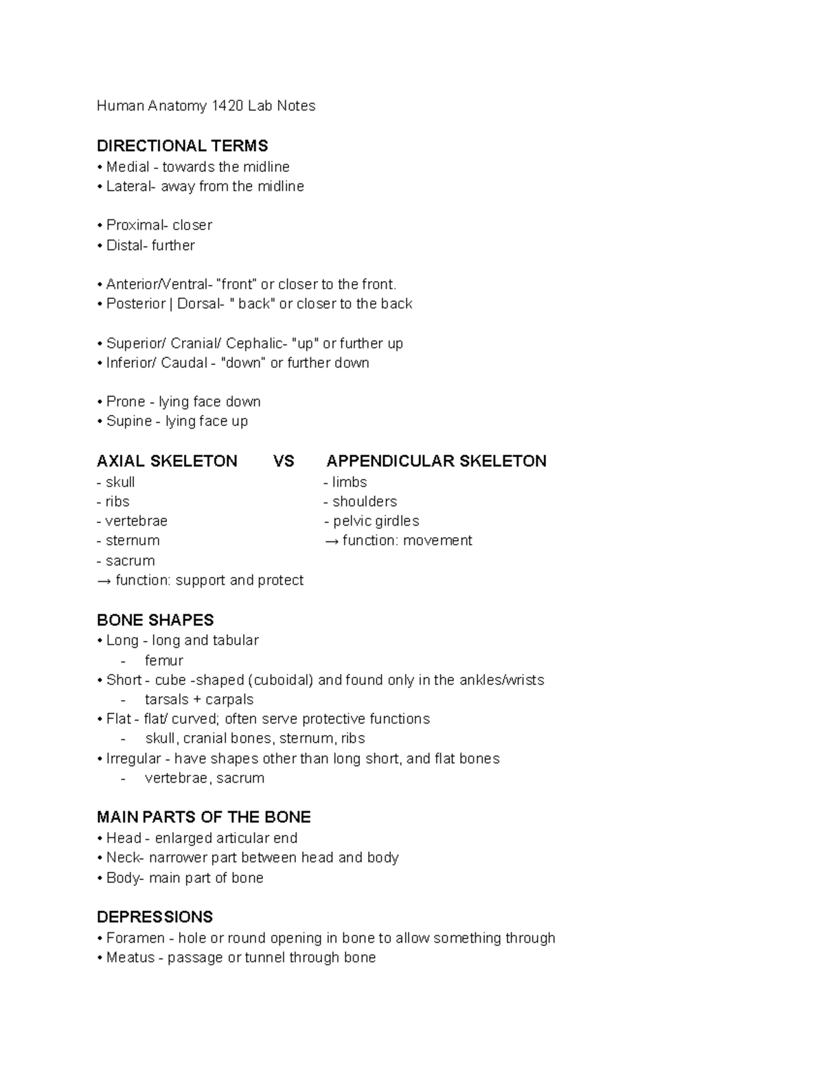 Session 1 Anatomy Lab Notes - Human Anatomy 1420 Lab Notes DIRECTIONAL ...