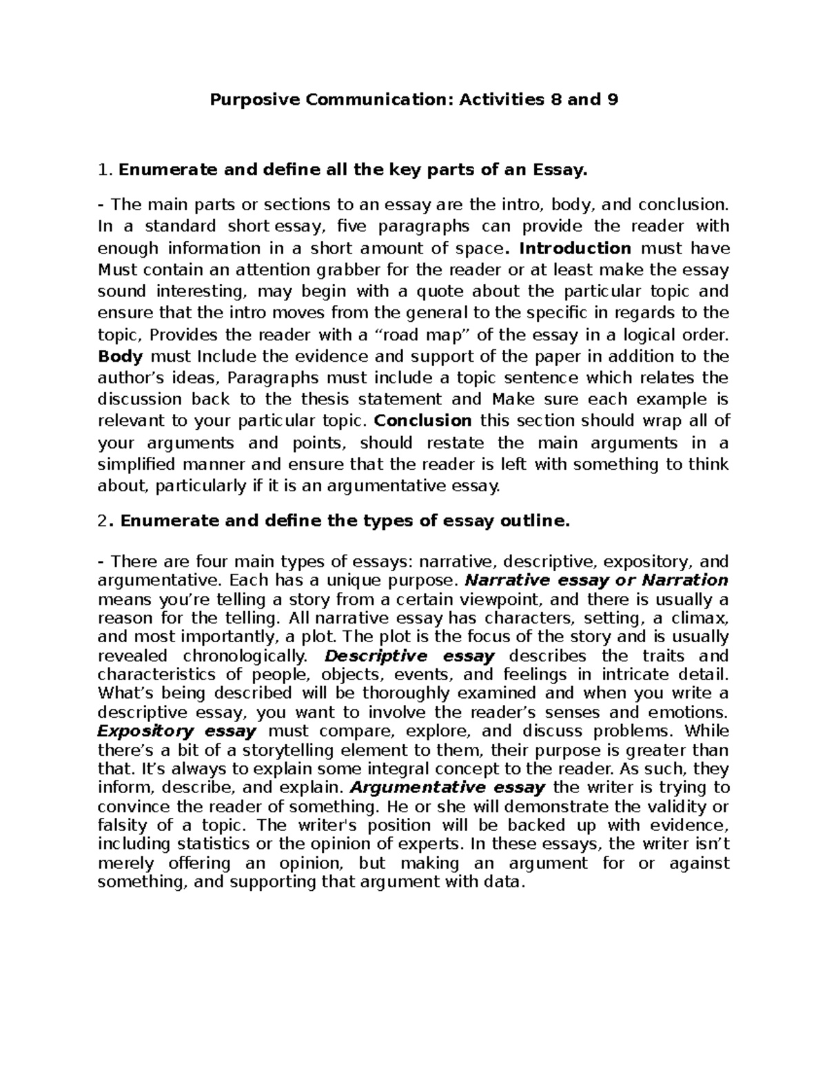 Key part in essays - The main parts or sections to an essay are the ...