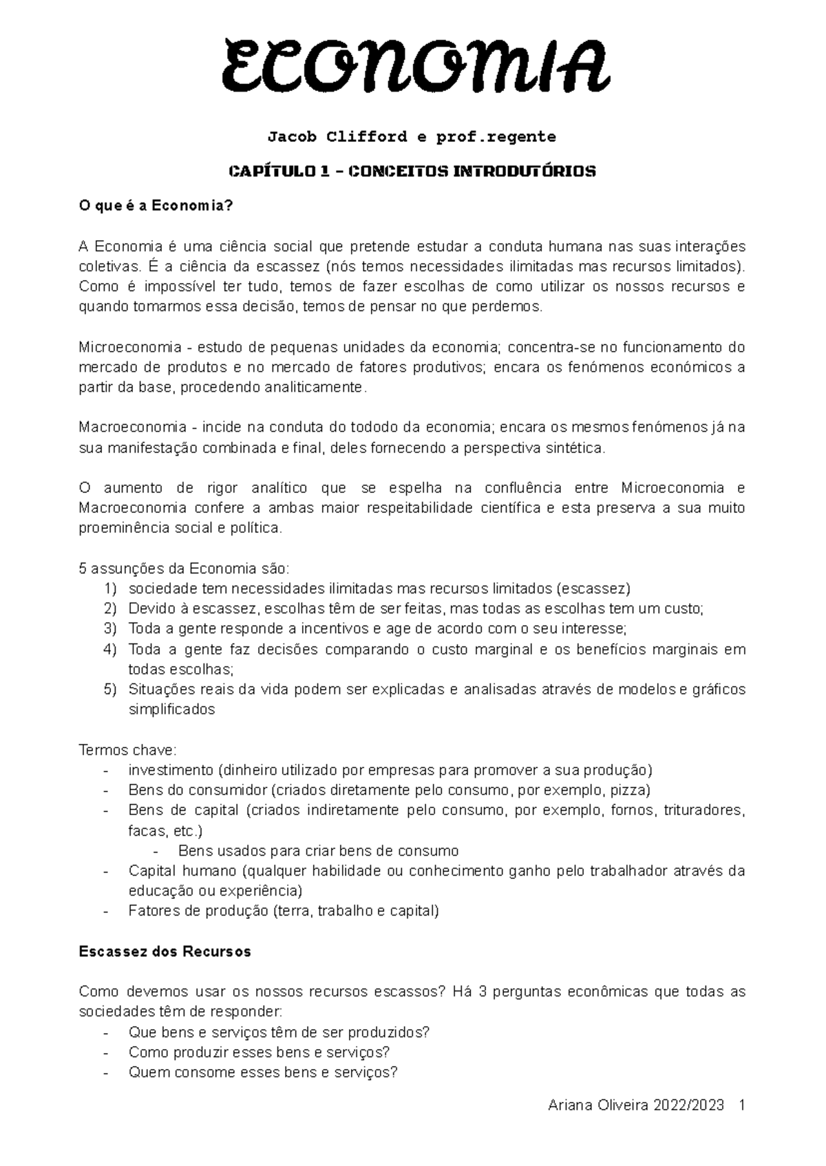 Economia - Resumos Microeconomia - ECONOMIA Jacob Clifford e prof ...