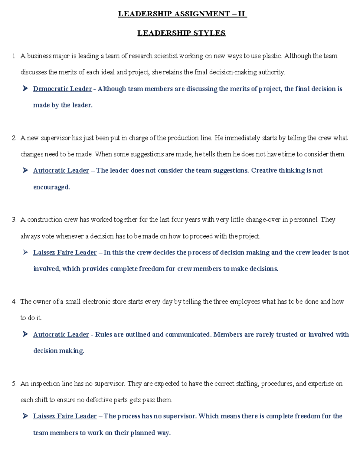 Leadership Style Assigment - 1 (PRJM) - LEADERSHIP ASSIGNMENT – II ...