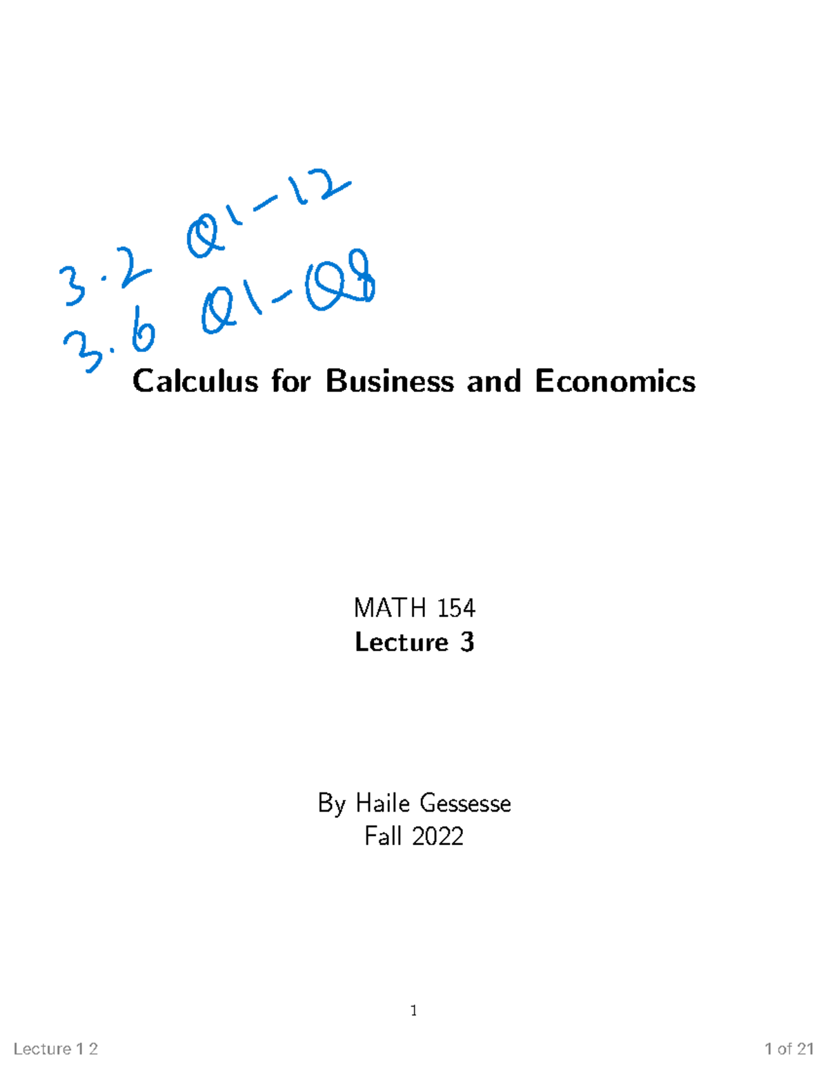 Lecture 3 - math - Calculus for Business and Economics MATH 154 Lecture 3 By Haile Gessesse Fall ...