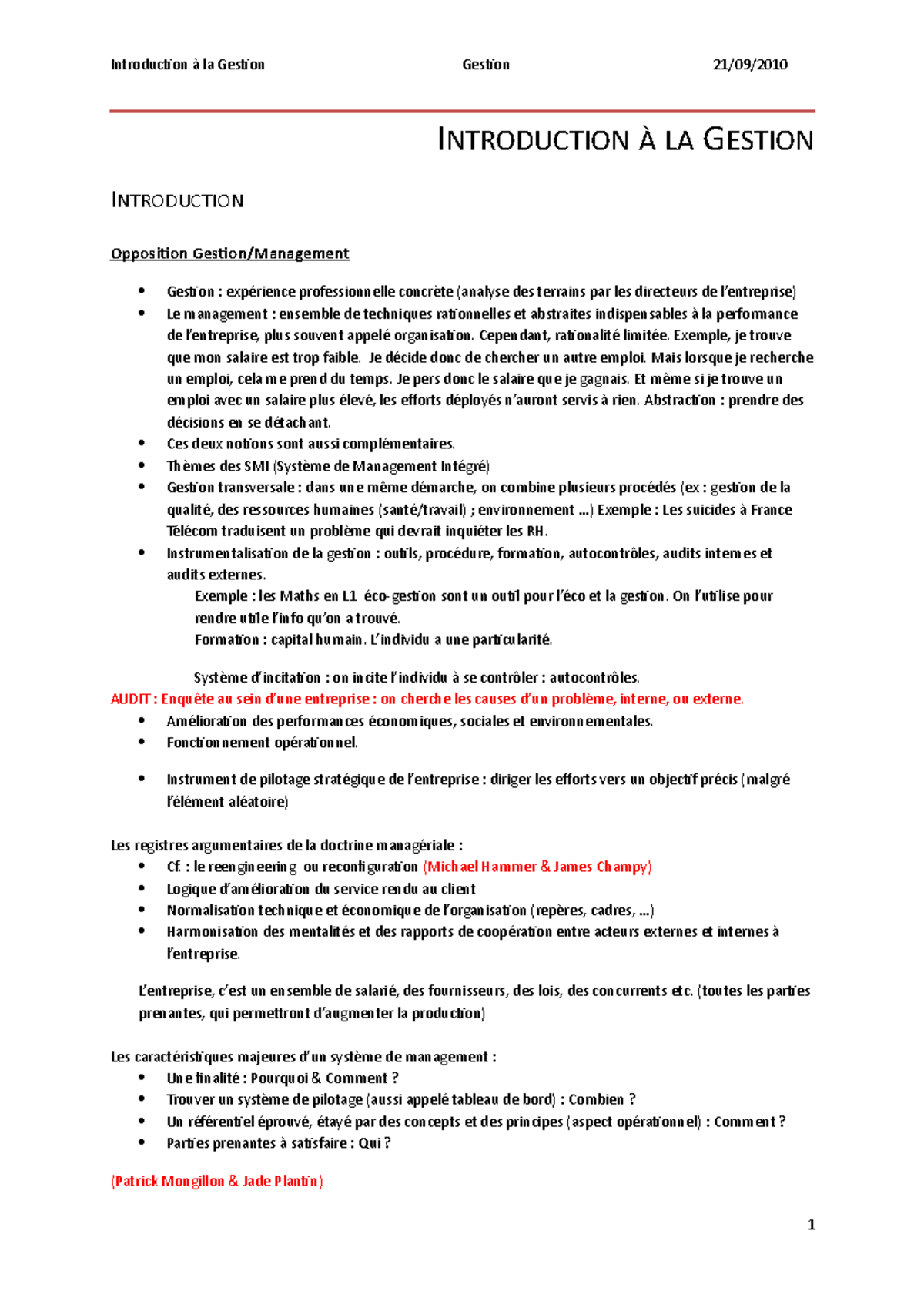 Chap 0 - L1 - Introduction - INTRODUCTION À LA GESTION INTRODUCTION Opposition Gestion ...