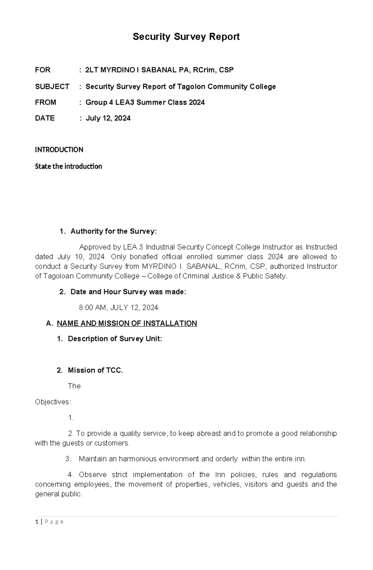 TCC Ccjps LEA3 security survey - Security Survey Report FOR : 2LT ...