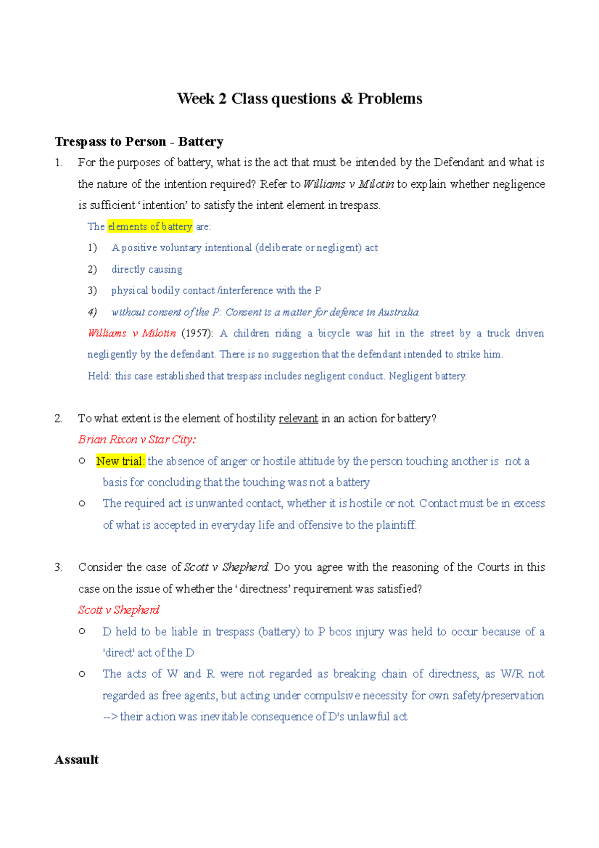 Week2 Tutorial question - Week 2 Class questions & Problems Trespass to Person - Battery For the ...