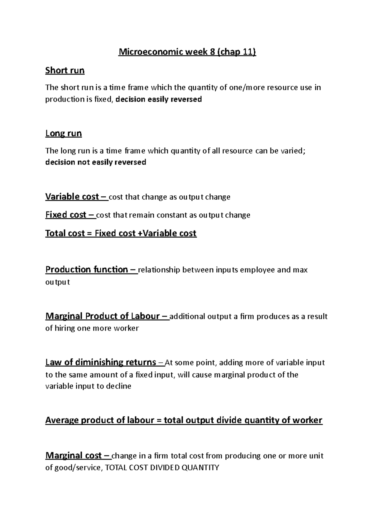 Microeconomic week 8 Econs Notes - Microeconomic week 8 (chap 11) Short ...