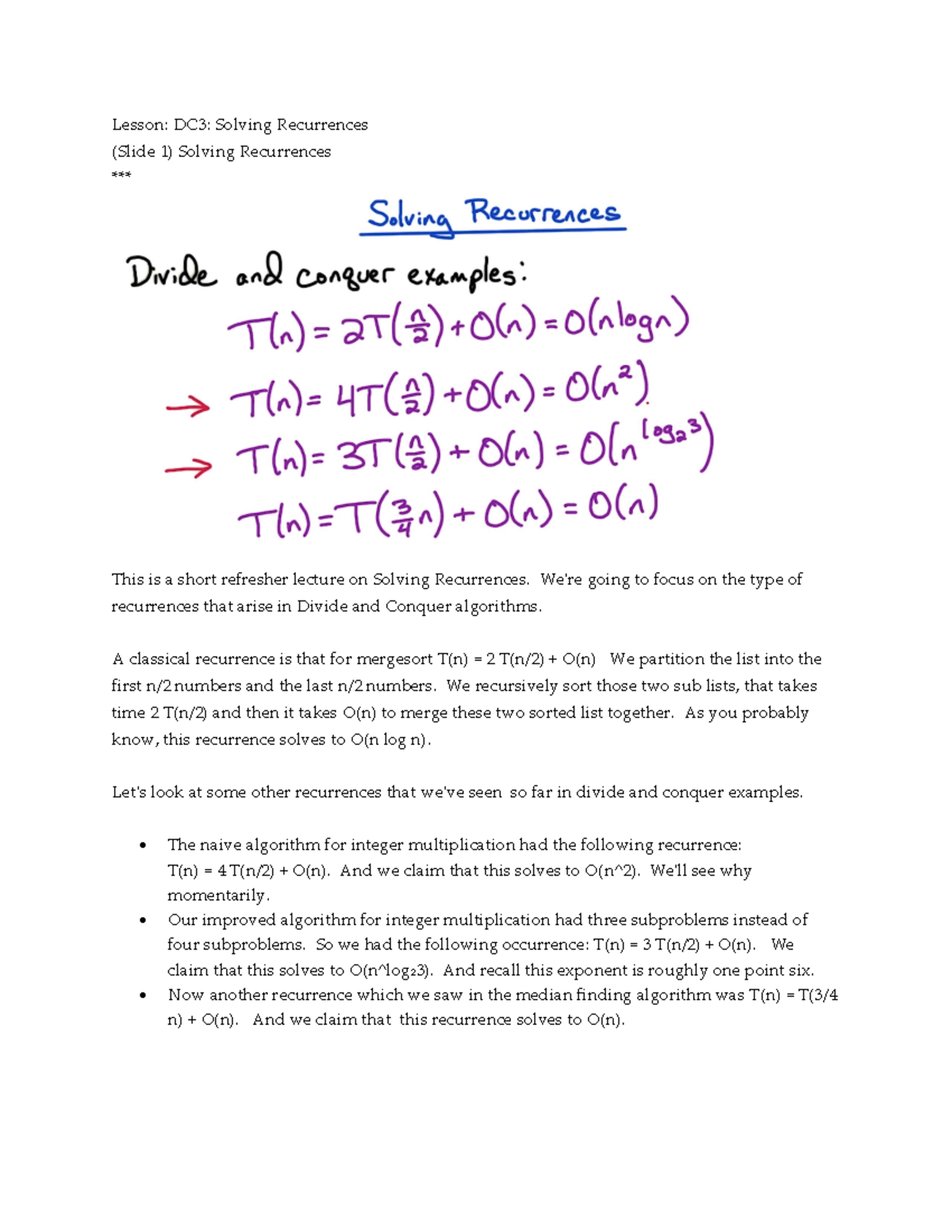 DC3 - Lecture Transcripts - Lesson: DC3: Solving Recurrences (Slide 1 ...
