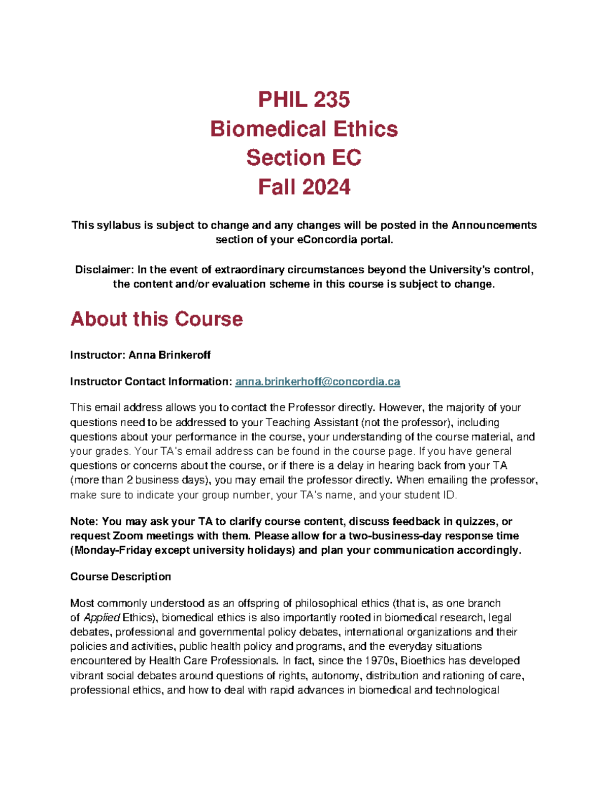 PHIL 235 - Outline - PHIL 235 Biomedical Ethics Section EC Fall 2024 ...