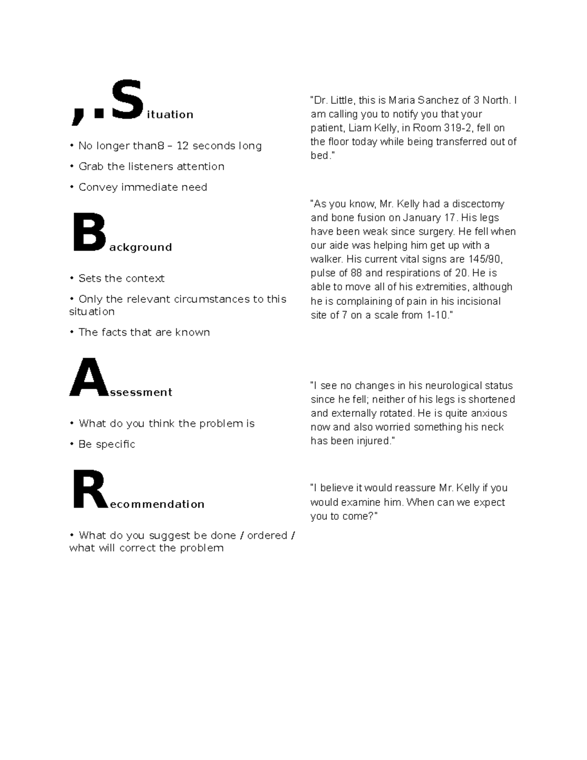 Exam 2 SBAR example - Lecture notes 3 - ,.Situation No longer than8 ...