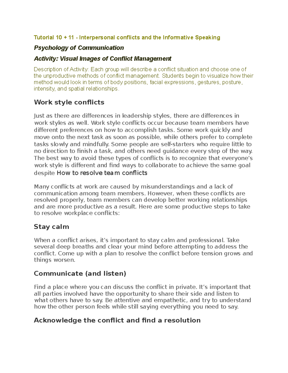 TEN Conflict Management Strategies 1 - Tutorial 10 + 11 - Interpersonal conflicts and the - Studocu