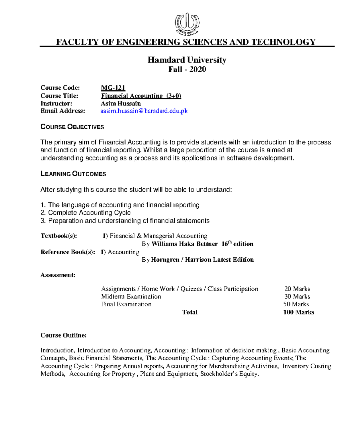 Course Outline FA - FACULTY OF ENGINEERING SCIENCES AND TECHNOLOGY ...