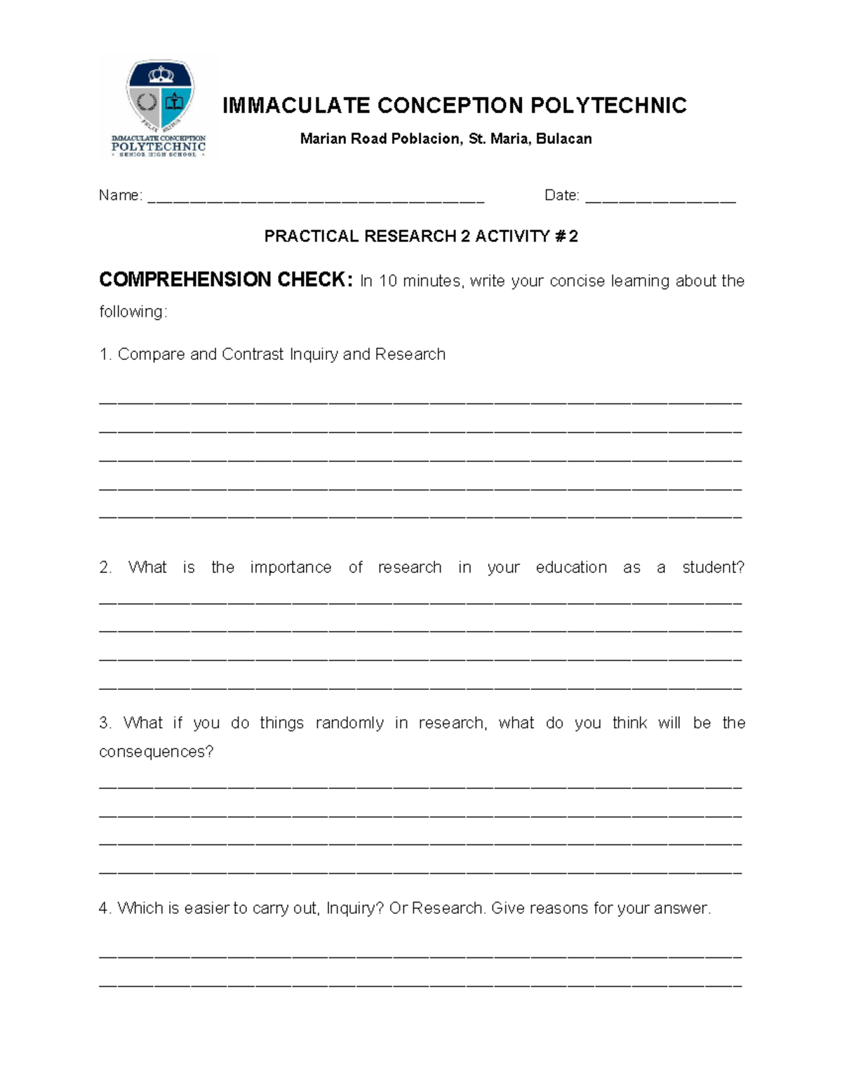 Lesson 1 Activity 2 - IMMACULATE CONCEPTION POLYTECHNIC Marian Road ...
