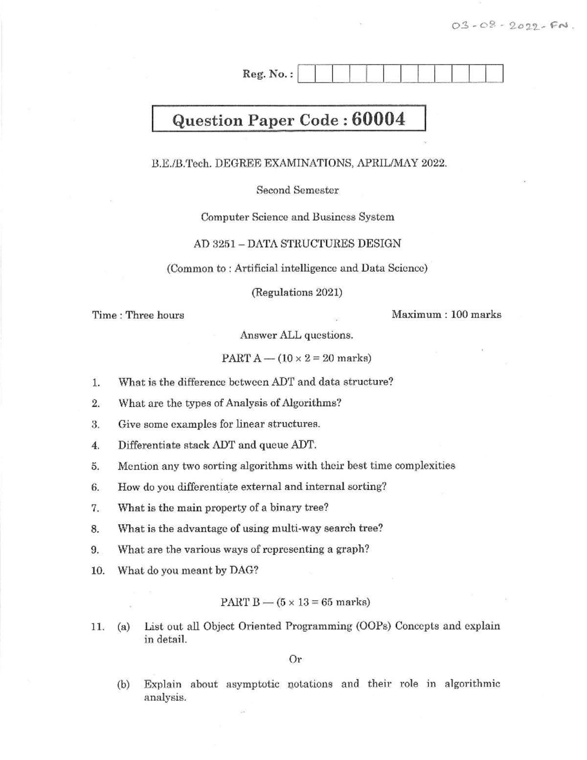 AD3251 - Data Structures Design R2021 - 2022 June - Reg. No. : Question ...