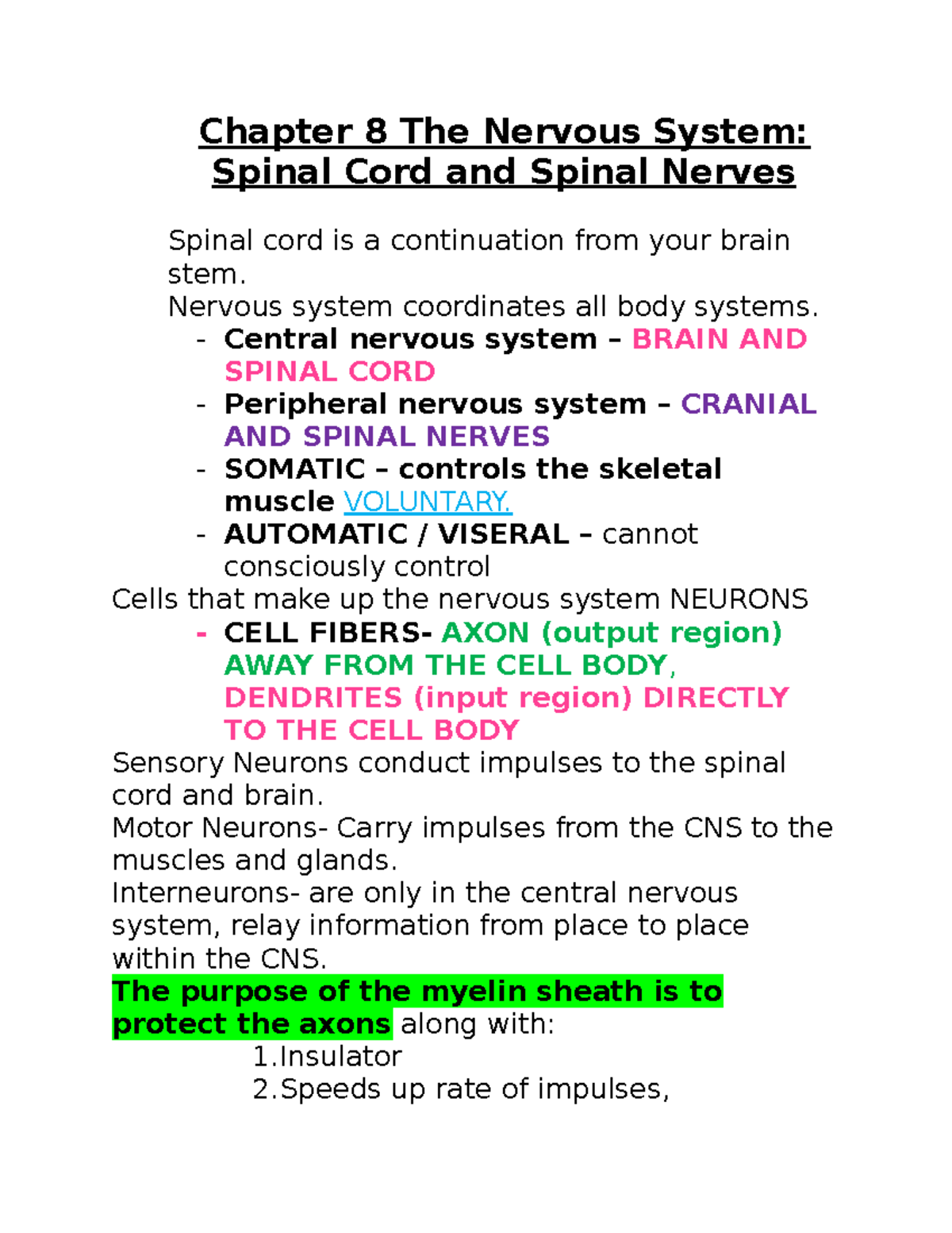 Chapter 8 The Nervous System - Chapter 8 The Nervous System: Spinal ...