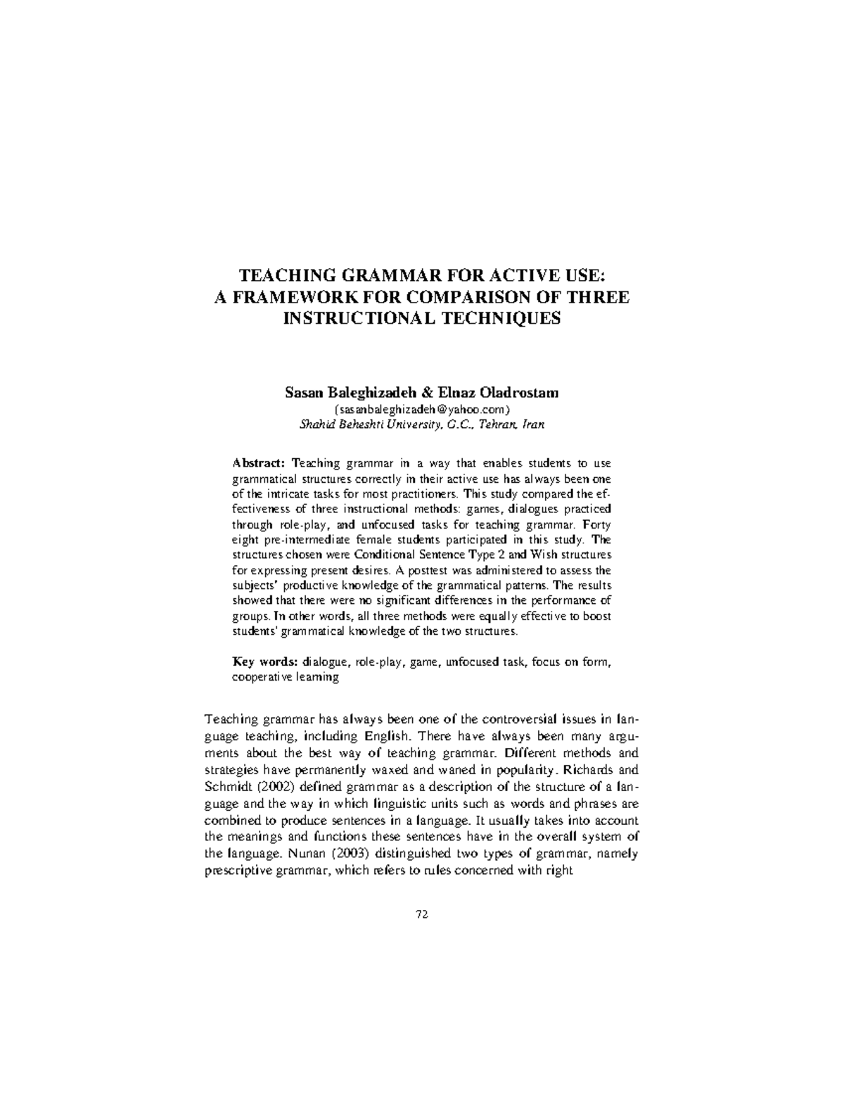 Teaching Grammar FOR Active USE- A Framework FOR Comparison OF Three ...