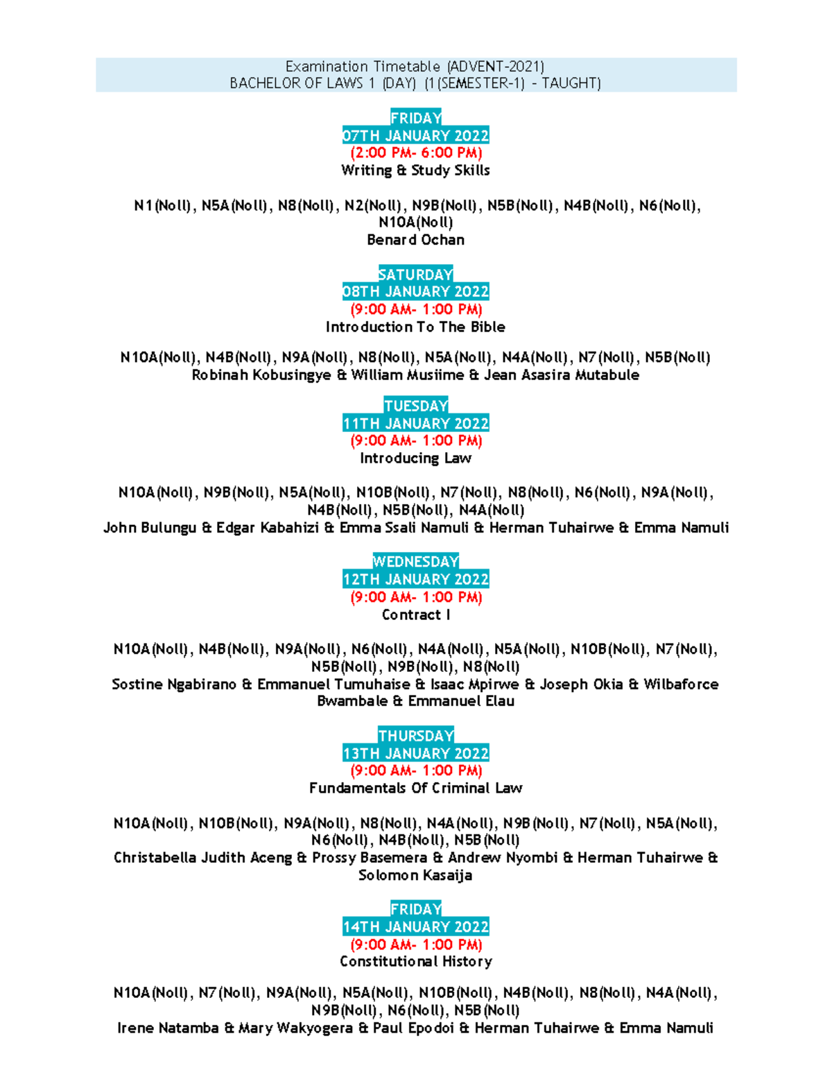 Examination Timetable LLB 1- 2021 - Examination Timetable (ADVENT-2021 ...