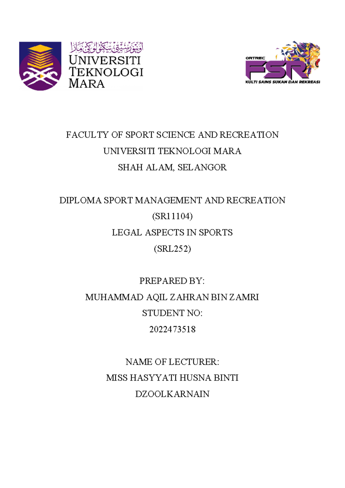 SRL report writing - example - FACULTY OF SPORT SCIENCE AND RECREATION ...