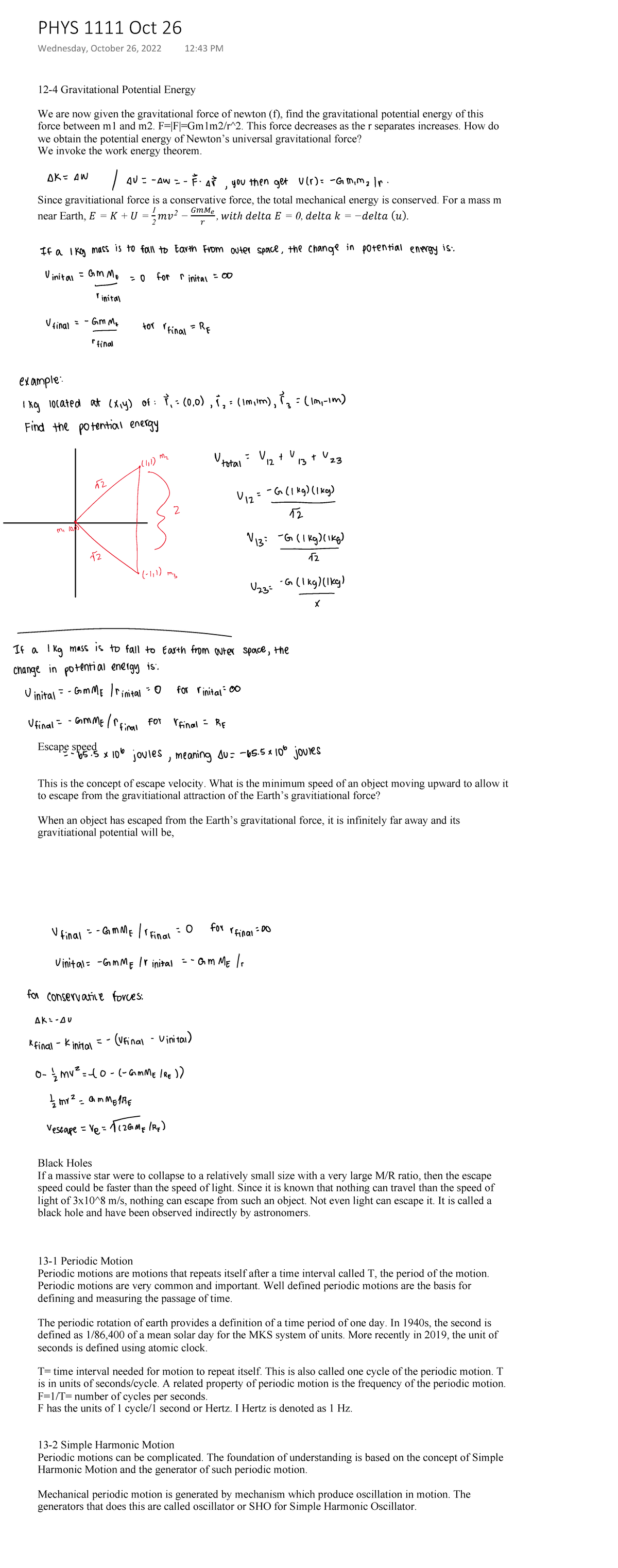 PHYS 1111 Oct 26 - KK Mon - 12-4 Gravitational Potential Energy We are ...