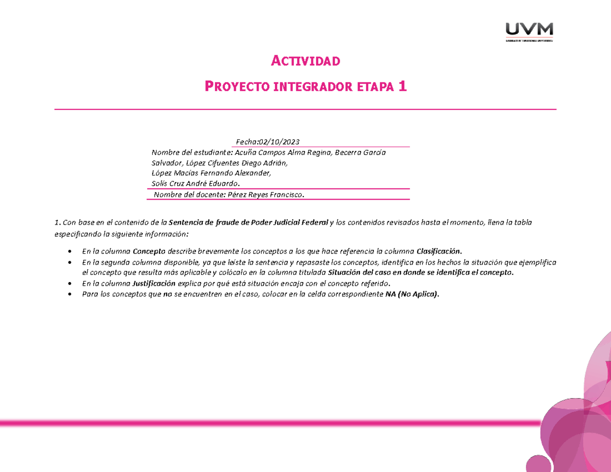 A2 Eq - proyecta integrador etapa 1 - ACTIVIDAD PROYECTO INTEGRADOR ETAPA 1 Fecha: 02 / 10 ...