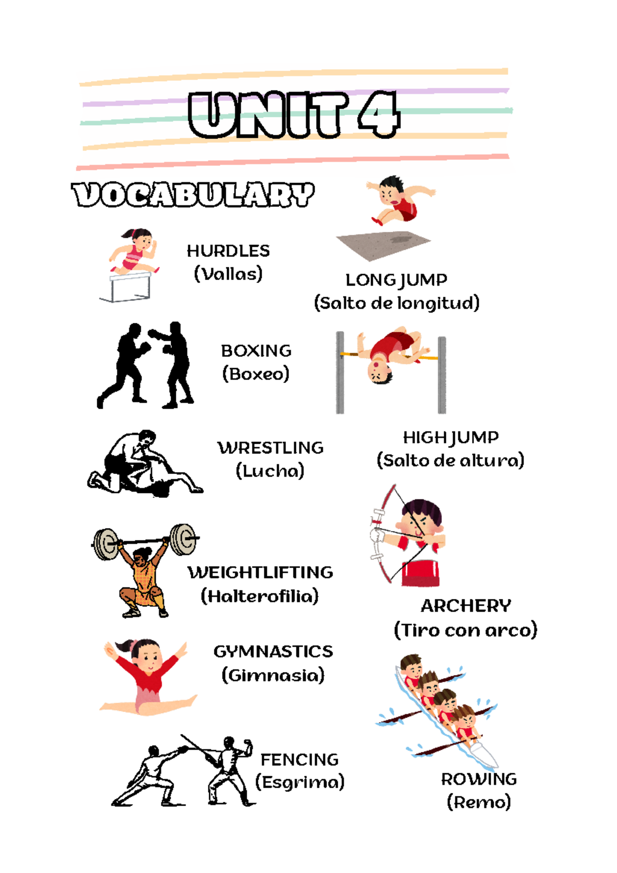 UNIT 4 - resumen unit 4 - UNIT 4 VOCABULARY BOXING (Boxeo) ARCHERY (Tiro con arco) HURDLES ...