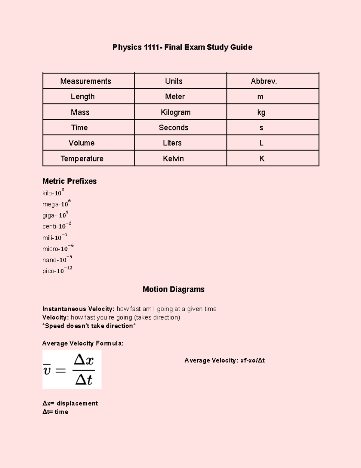 Physics 1111- Final Exam Study Guide - Physics 1111- Final Exam Study ...