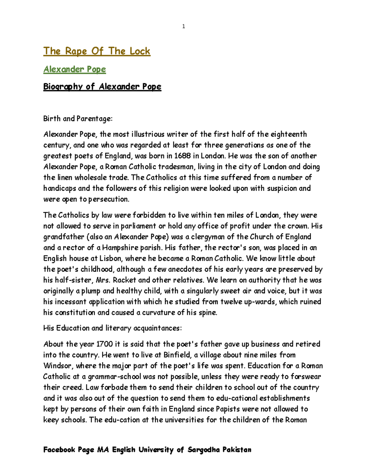 The Rape Of The Lock - Literature and linguistics notes - The Rape Of ...