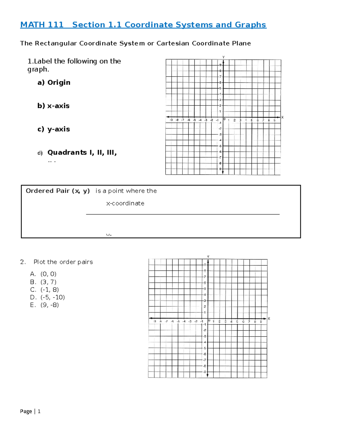 1.1 Coordinate Systems and Graphs - MATH 111 Section 1 Coordinate ...
