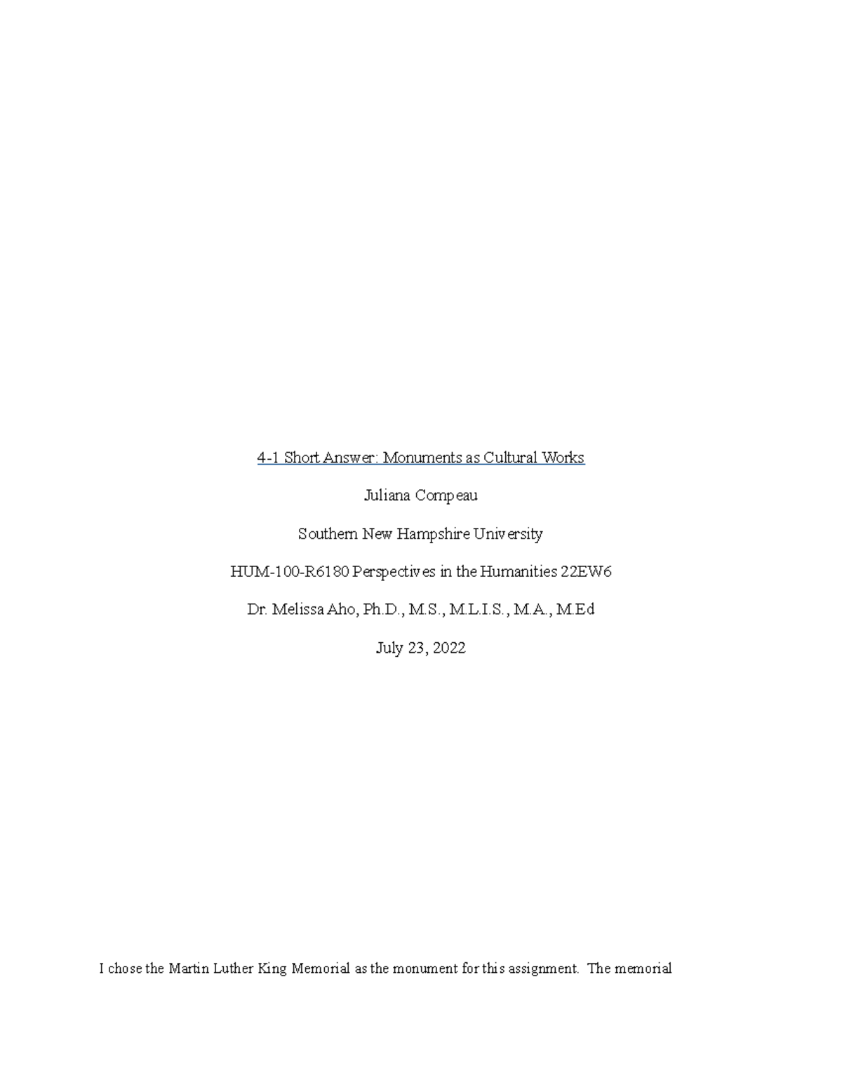 4-1 Short Answer Monuments as Cultural Works - Melissa Aho, Ph., M., M ...