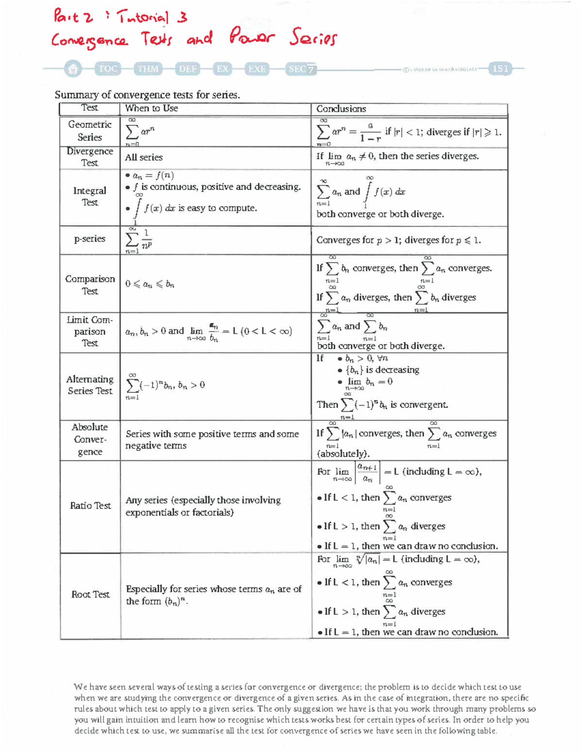 Part 2 Tutorial 3 Series - Summary of convergence tests for series. I ...