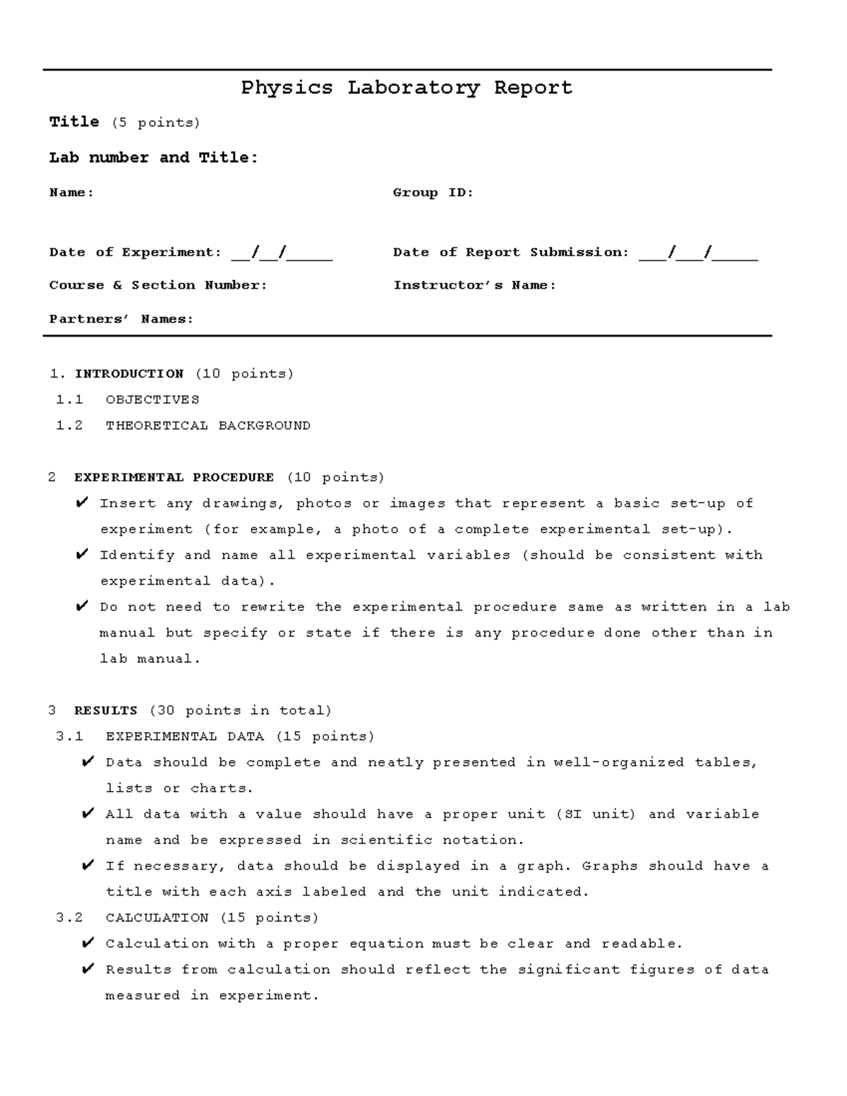 Lab report template with grading rubric - Physics Laboratory Report ...