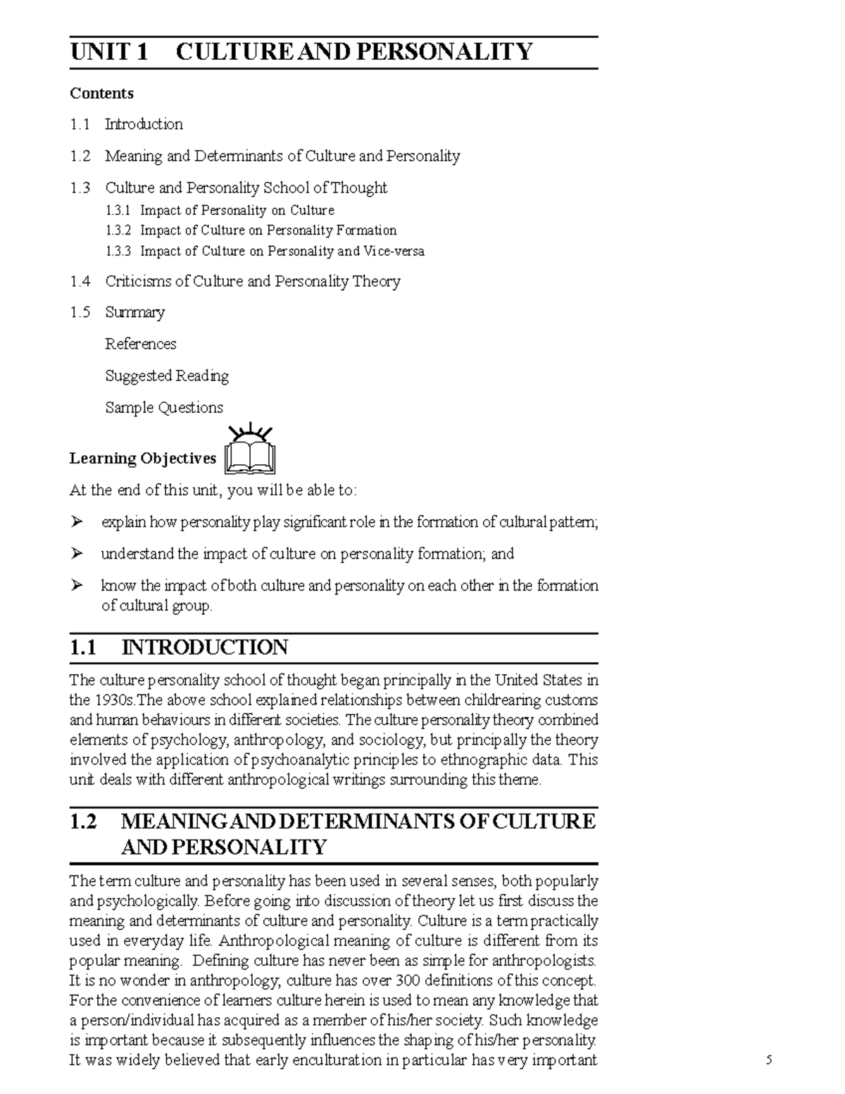 Unit-1 - 5 UNIT 1 CULTURE AND PERSONALITY Contents 1 Introduction 1 ...