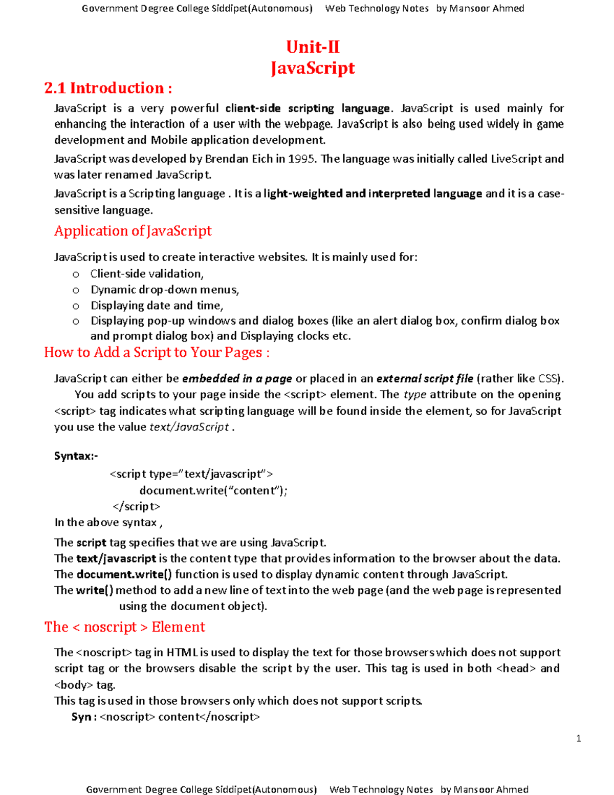 Unit-II Web Technologies - 2 Introduction : Unit-II JavaScript ...