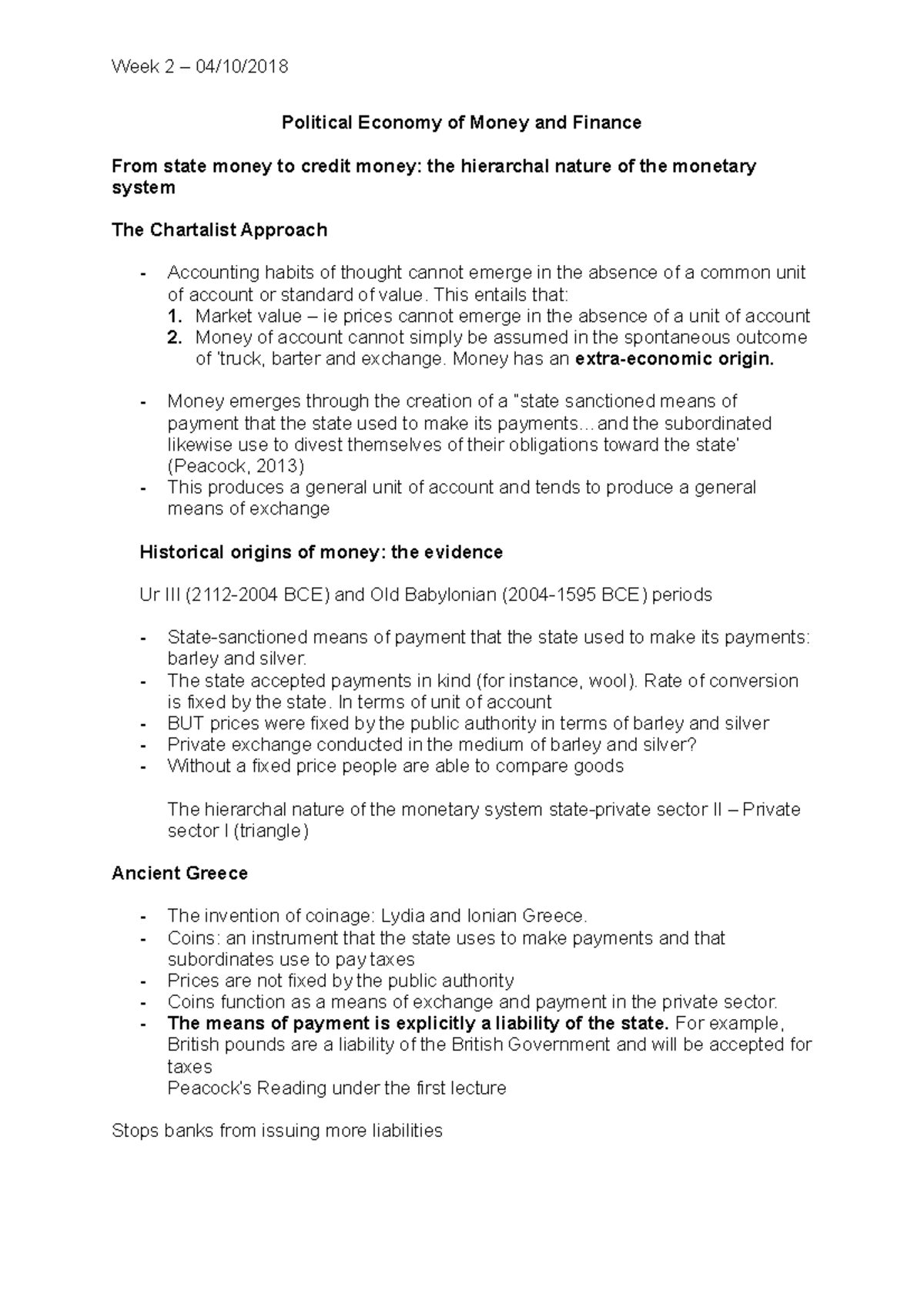 Week 2 - Money and Finance - Week 2 – 04/10/ Political Economy of Money ...